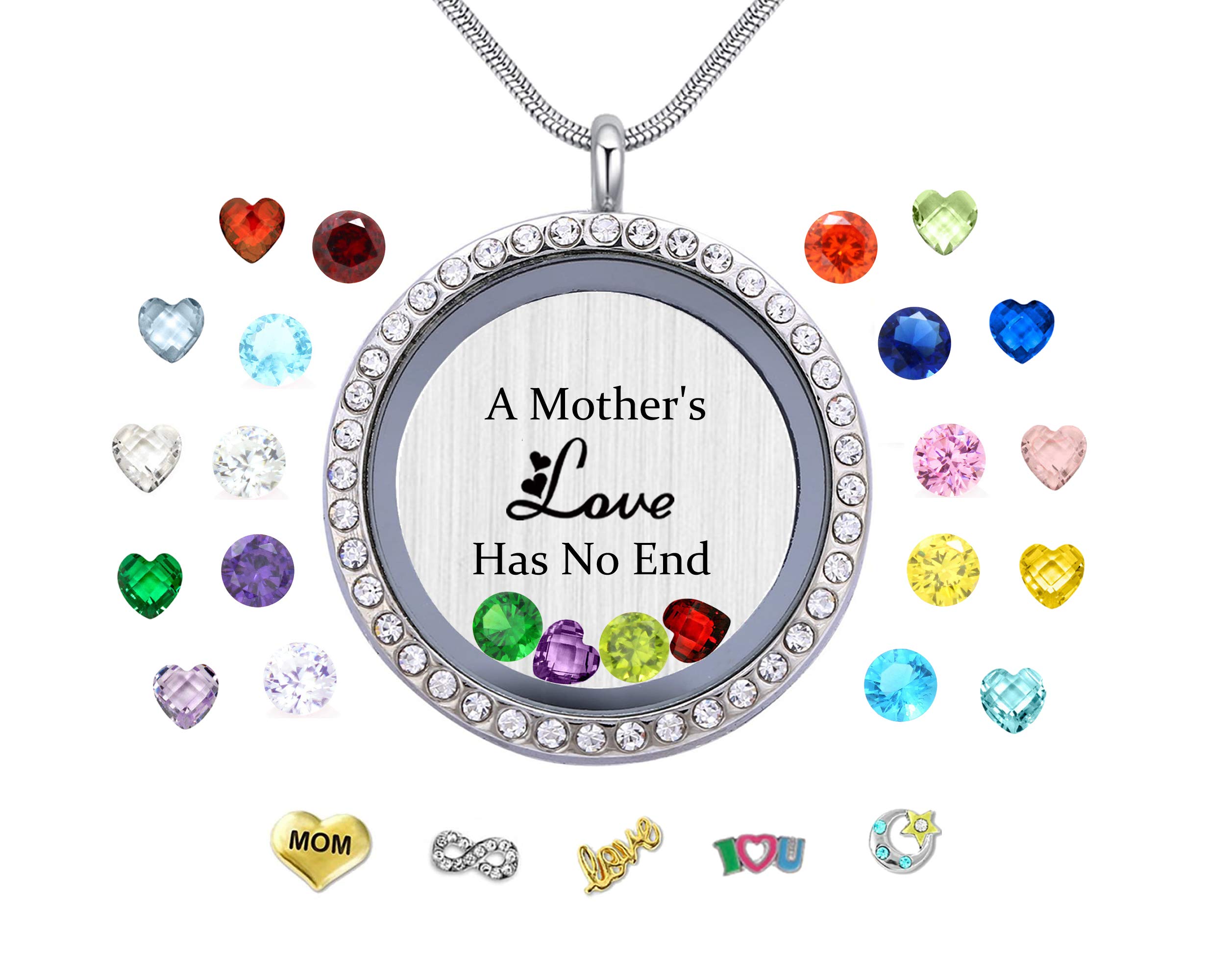 Veeshy A Mothers Love Has No End Floating Locket Necklace Pendant with Charms & 24PCS Birthstones, Mother's Day Birthday Xmas Gifts