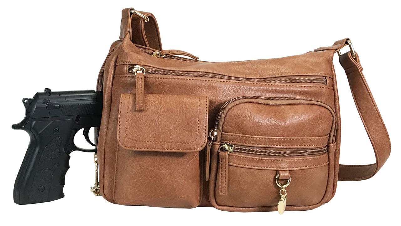 Zzfab Front Pockets side Locking Concealed Carry Purse for Women Small CCW Crossbody Bag Brown