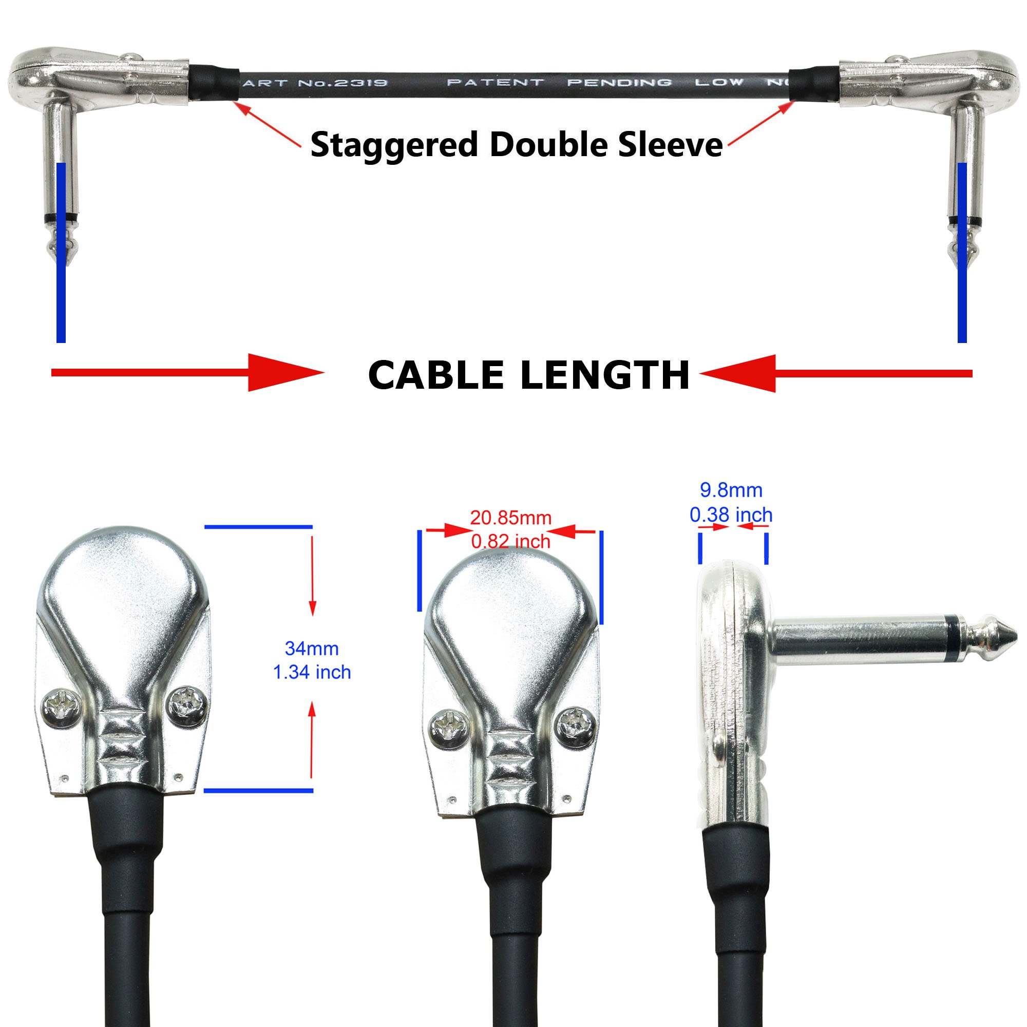WORLDS BEST CABLES 18 Inch - Pedal, Effects, Patch, instrument cable CUSTOM MADE made using Mogami 2319 wire and Eminence Nickel Plated ¼ inch (6.35mm) R/A Pancake type Connectors