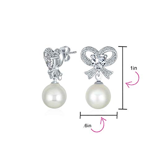Victorian Style Cocktail Delicate Romantic Wedding Bridal Ribbon Cubic Zirconia White Simulated Pearl CZ Pave Bow Stud Drop Earrings For Women Silver Plated