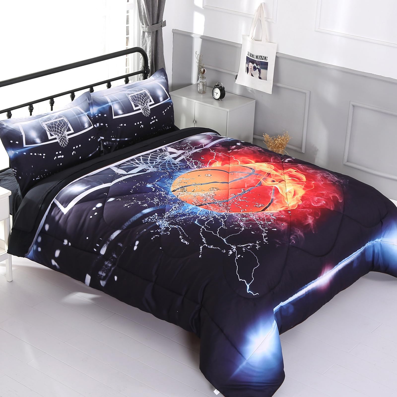 Wowelife Basketball Bedding Set Full Size 5 Pieces Basketball Sports Comforter Set Red Black 3D Fire Water Kids Comforter Sets Breathable with Comforter, Flat Sheet, Fitted Sheet and 2 Pillowcases