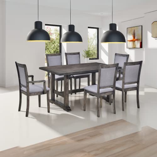 WOXYX 7-Piece Trestle Dining, Kitchen-Table-Set with Upholstered Side Arm Chair, Set of 6, Gray