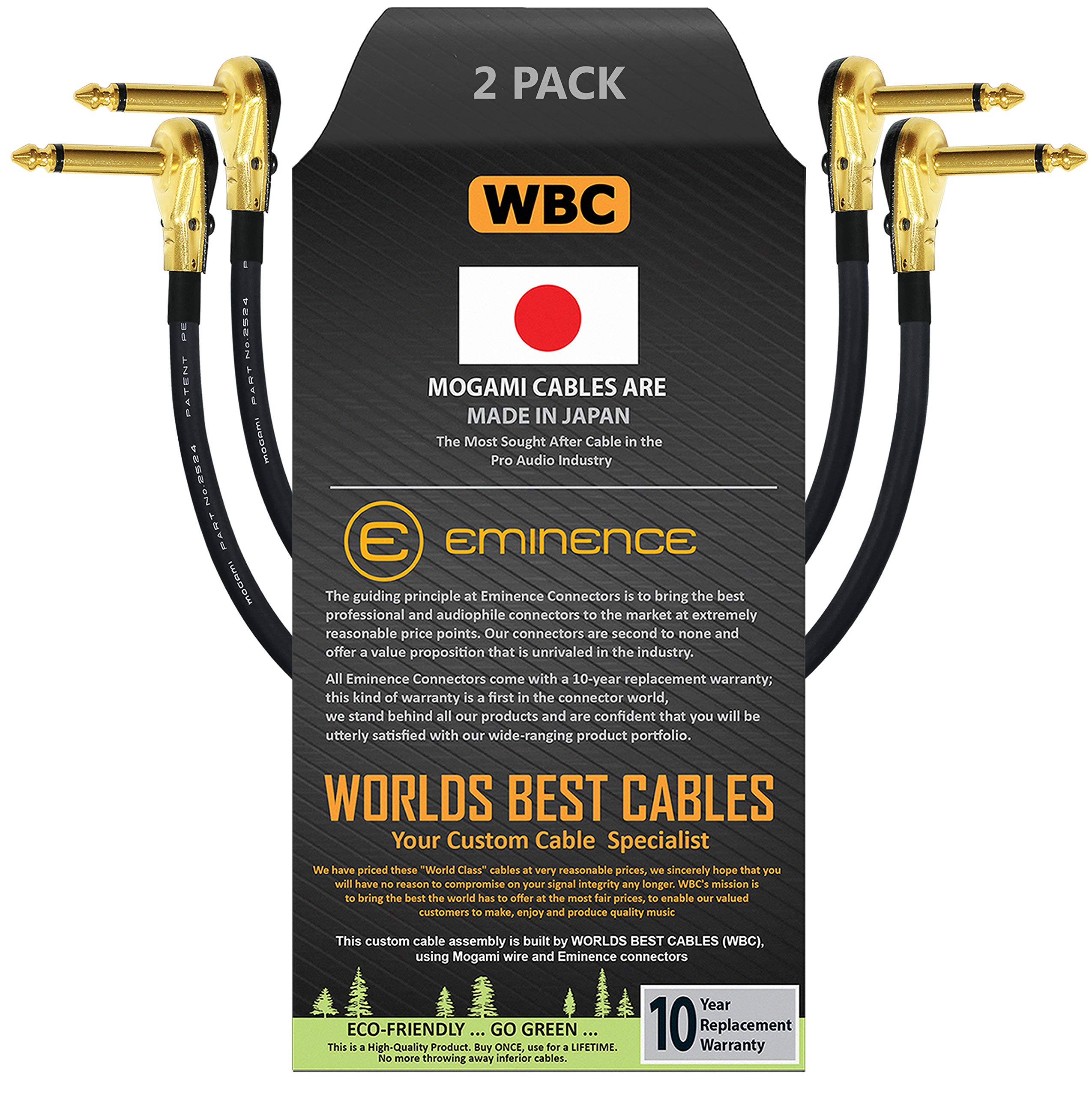 WORLDS BEST CABLES 2 Units - 8 Inch - Pedal, Effects, Patch, instrument cable CUSTOM MADE made using Mogami 2524 wire and Eminence Gold Plated ¼ inch (6.35mm) R/A Pancake type Connectors