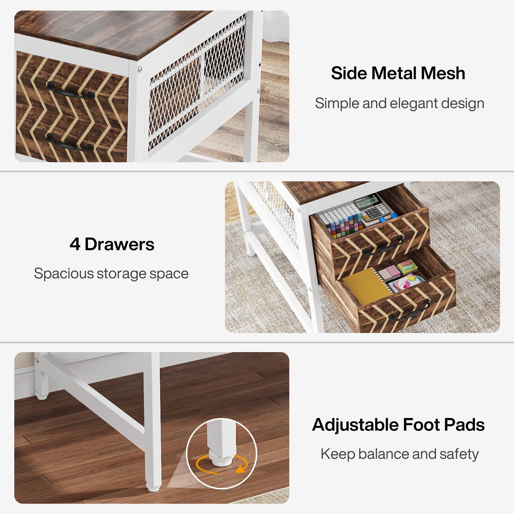 Tribesigns Computer Executive Desk with Drawers: Wood 63" Computer Desk with 4 Storage Drawers, Farmhouse Study Writing Table, Herringbone Business Furniture for Home Office, Brown and White