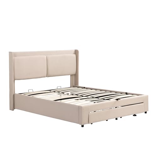 WOXYX Queen Size Platform Bed,Storage Upholstered Hydraulic Beds Frame with 2 Drawers,Beige