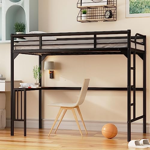 Voohek Twin Size Metal Loft Bed with Desk, Ladder and Guardrails, Bunk Bed Frame for Bedroom, Anti Wobbly Design, Large Weight Capacity, Black