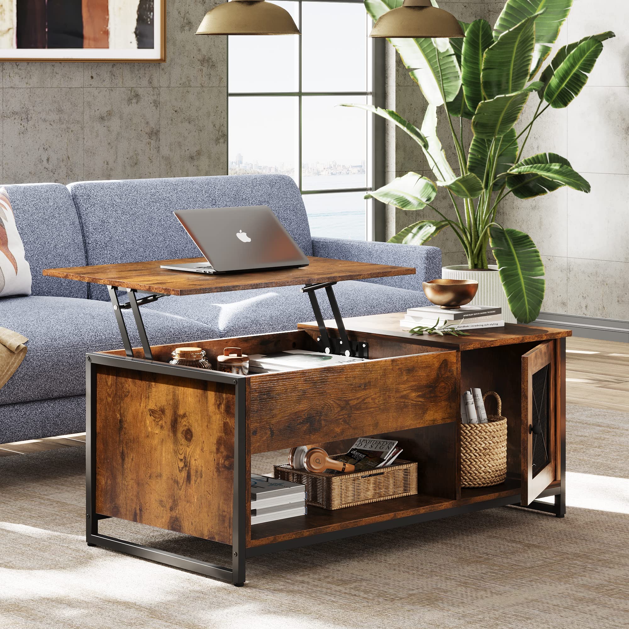WLIVE Lift Top Coffee Table with Storage Cabinet, 41.7" Wood Coffee Table for Living Room, Retro Center Table with Lifting Top, Hidden Compartment and Open Shelf for Home, Office, Rustic Brown