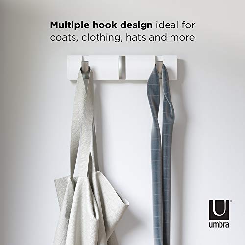 Umbra Flip Wall-Mounted Coat Rack Rail Hook for Hats, Jackets, Bags and More β Modern, Space-Saving Storage Organizer for Entryway, Mudroom, Closet, Bathroom, Bedroom, Kids Room, or Nursery, 3 Hooks, White/Nickel
