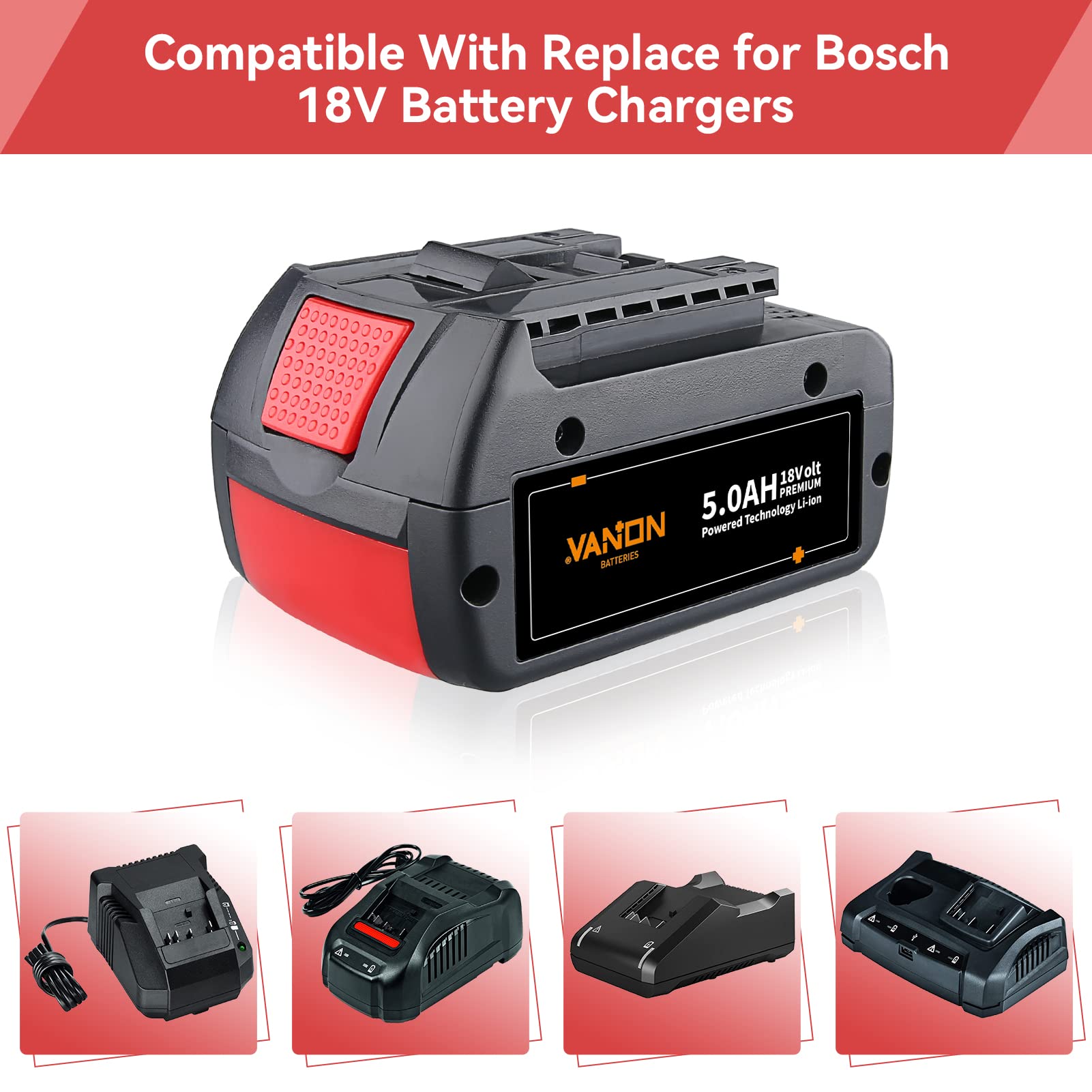 VANON 2Pack BAT609 5.0Ah Lithium-ion Battery Replacement for Bosch 18V Battery BAT609G BAT618 BAT618G BAT619 BAT619G BAT622 BAT620-2PK SKC181-202L