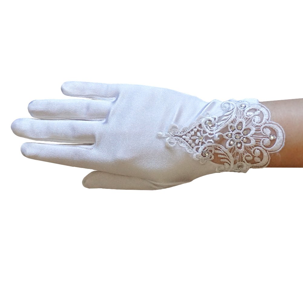 ZAZA BRIDAL Girl's Satin Gloves with Embroidery & rhinestone accents - Girl's Size Medium (8-12yrs)/White