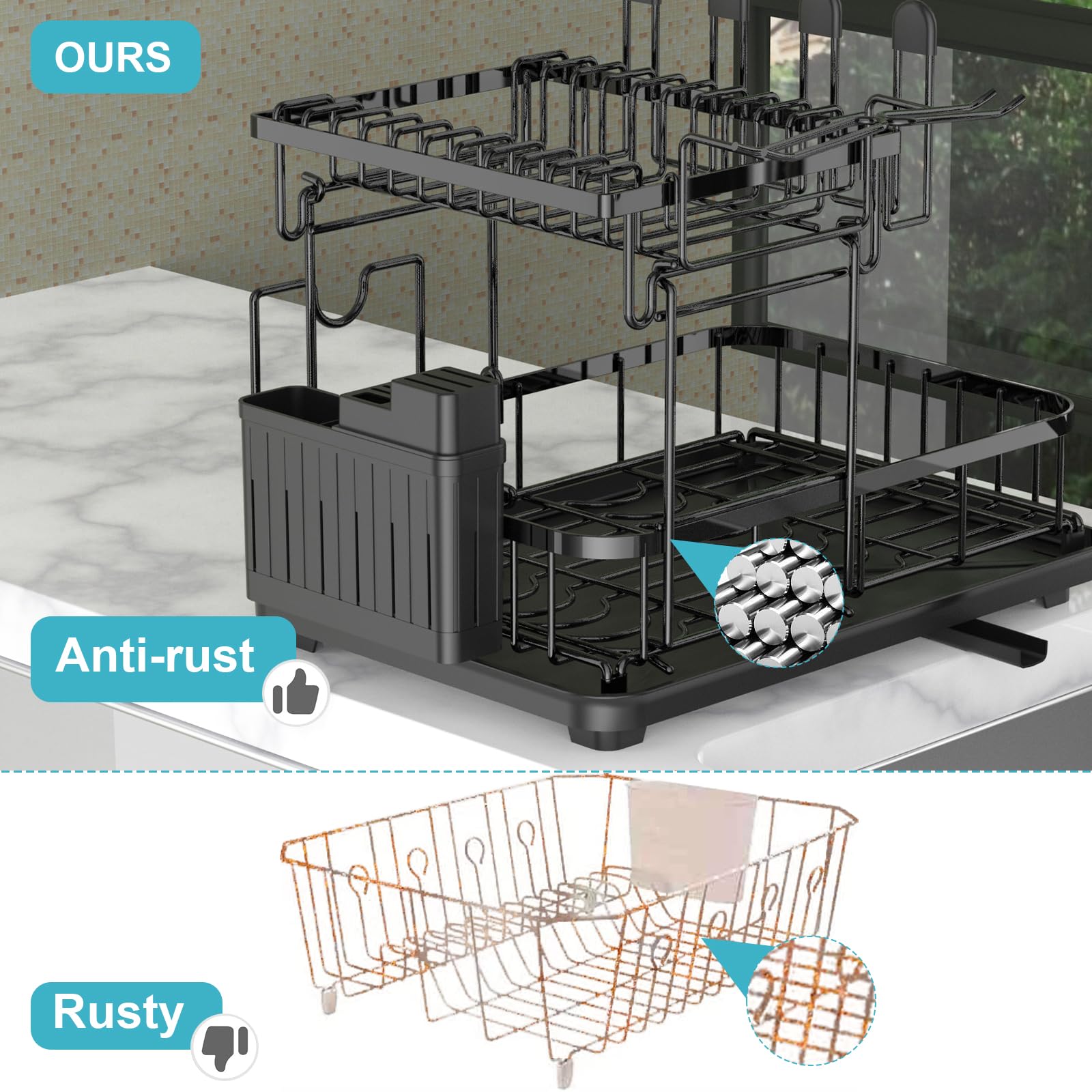 SouAny 2 Tier Dish Drying Rack with Drainboard, Large Dish Organizer and Strainer Set for Kitchen Counter with Mat, Wine Glass Holder and Utensil Holder