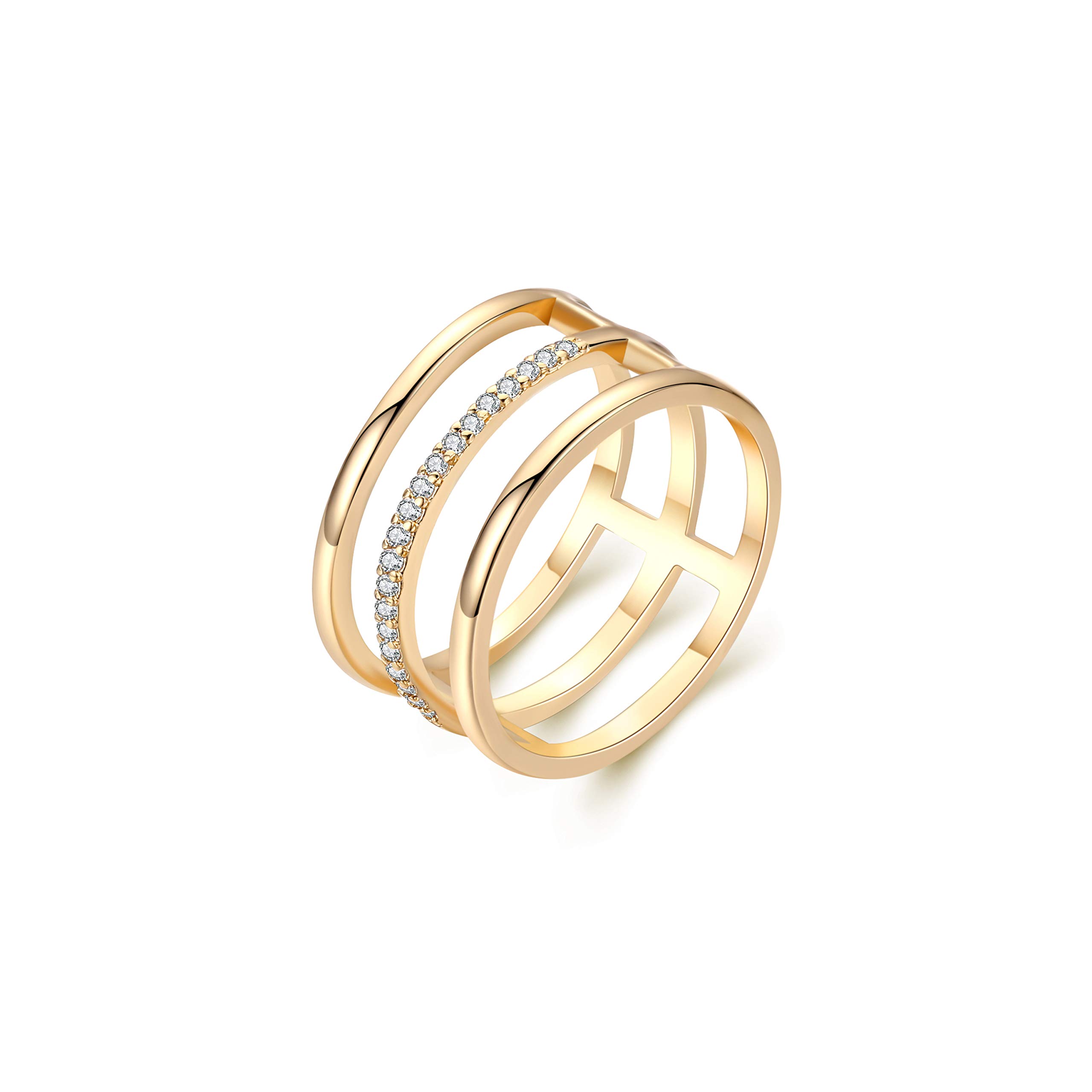 Valloey Rover Womens 14k Gold Open Parallel Bar Rings,Double X Criss Cross Double Bar Parallel Cuff Half Circle Black Zircon Infinity Adjustable Ring Engagement Wedding Lady Band