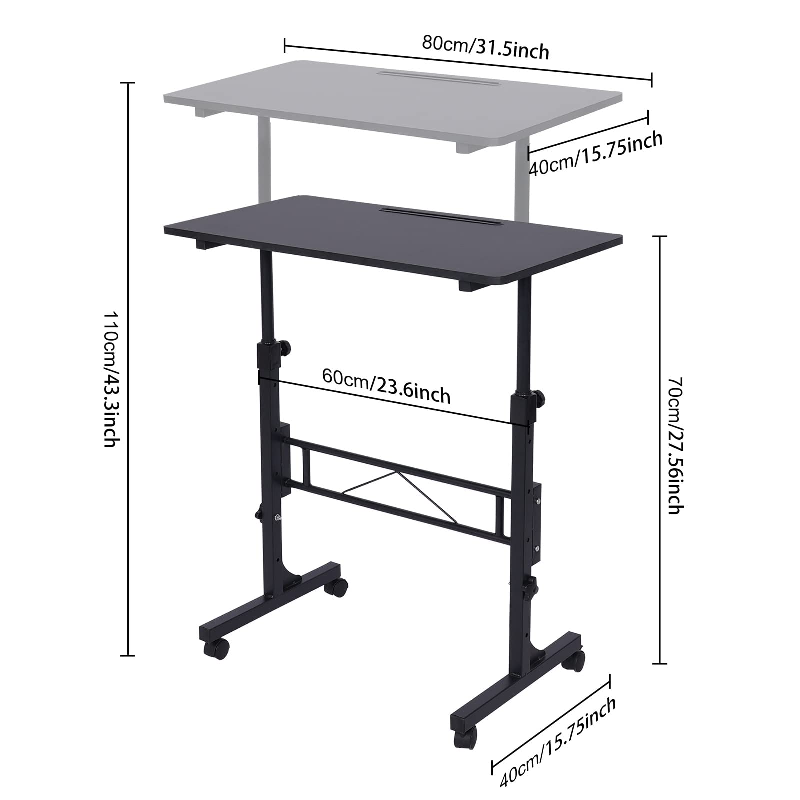 Standing Desk Adjustable Height, Mobile Stand Up Desk with Wheels Small Computer Desk Rolling Desk, Portable Laptop Desk Standing Table Sit Stand Home Office Desks 16"x31.5" Height 27"-43.5"
