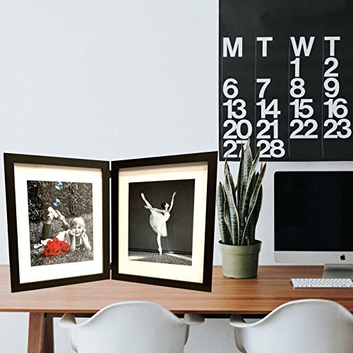 Tasse Verre 11x14 Black Folding Picture Frames With 8x10 Mats and HIGH DEFINITION GLASS - Displays Two Collage Pictures, Double Hinged Photo Frame Stands Vertically on Desktop