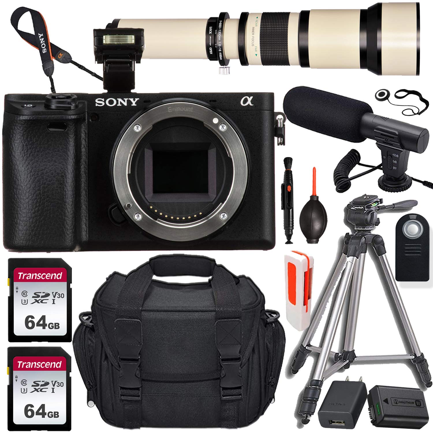 Sony Alpha a6400 Mirrorless Digital Camera (Body Only) with 650-1300mm Telephoto Zoom Lens + 2X 64GB Memory Card, Microphone, Portable Tripod, Gadget Bag & More