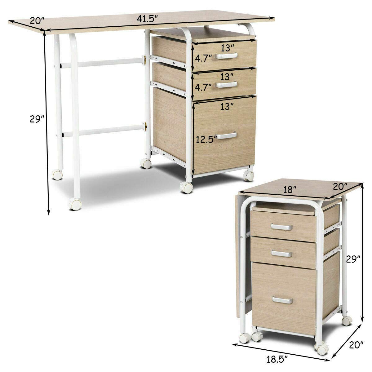 Wavecurl Folding Computer Laptop Desk Wheeled Home Office Furniture with 3 Drawers New