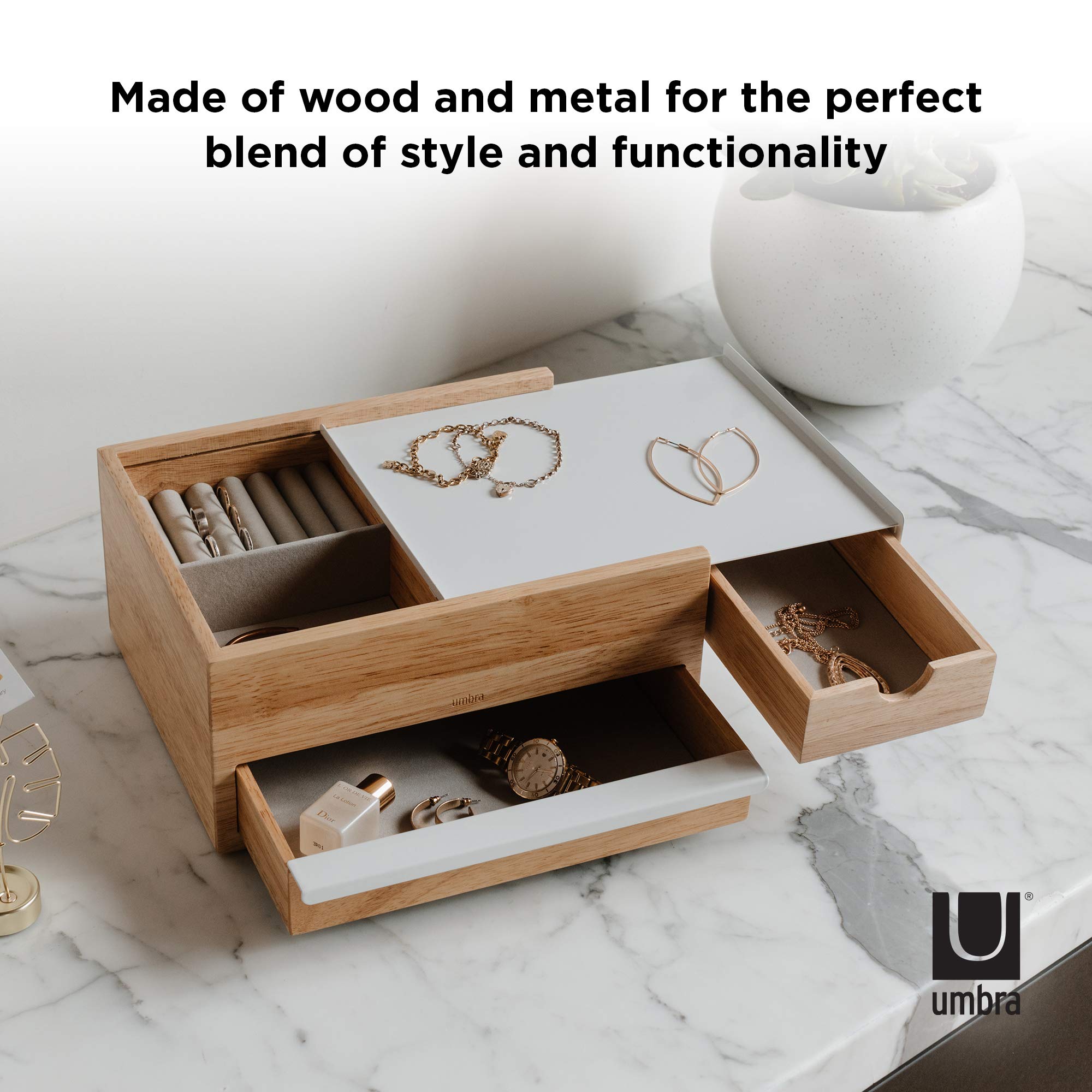 Umbra Stowit Jewelry Box - Modern Keepsake Storage Organizer with Hidden Compartment Drawers for Ring, Bracelet, Watch, Necklace, Earrings, and Accessories (White / Natural)