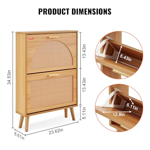 VEVOR Shoe Storage Cabinet for Entryway, 23.6" D x 6.6" W x 34.5" H, Wood color