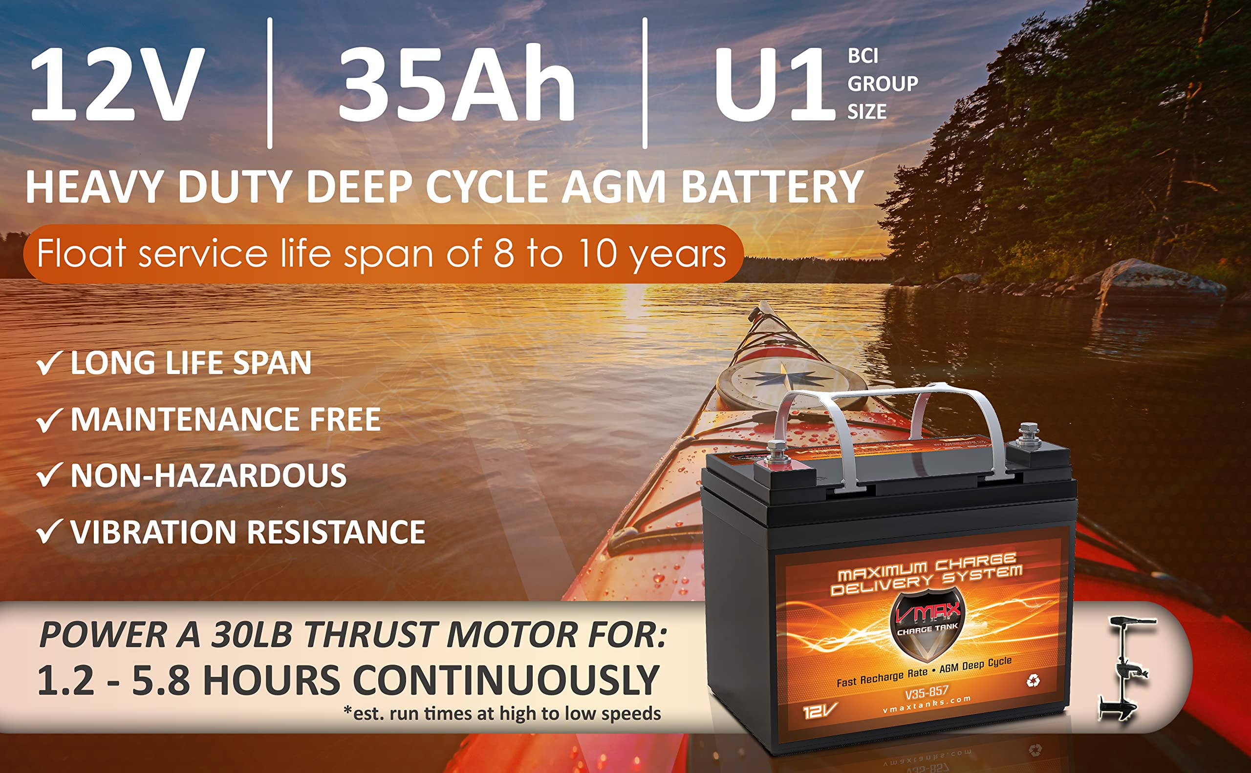 VMAXTANKS V35-857 12 Volt 35AH AGM Marine Deep Cycle Battery for Watersnake FWTCS30TH-30 Tracer Transom Mount Trolling Motor with 30-Pound Thrust (12V 35AH, GROUP U1, 7.7"x 5"x 6.1")