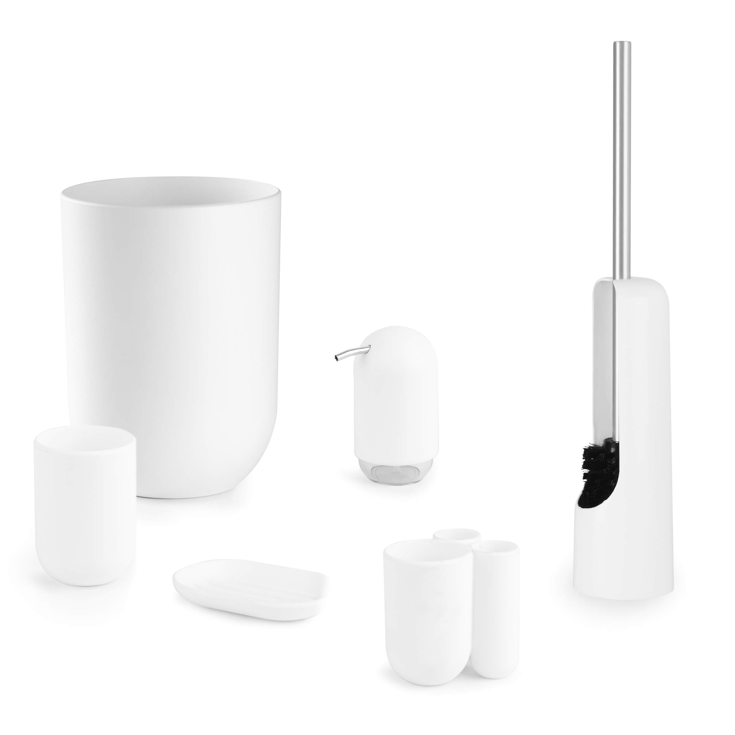 Umbra Touch Toilet Brush with Open Back Hideaway Holder โ Durable, Slim, Plastic & Metal Toilet Bowl Cleaner With Rubber Finish - Soft and Dense Brush Bristles โ Removes All Stubborn Stains, White