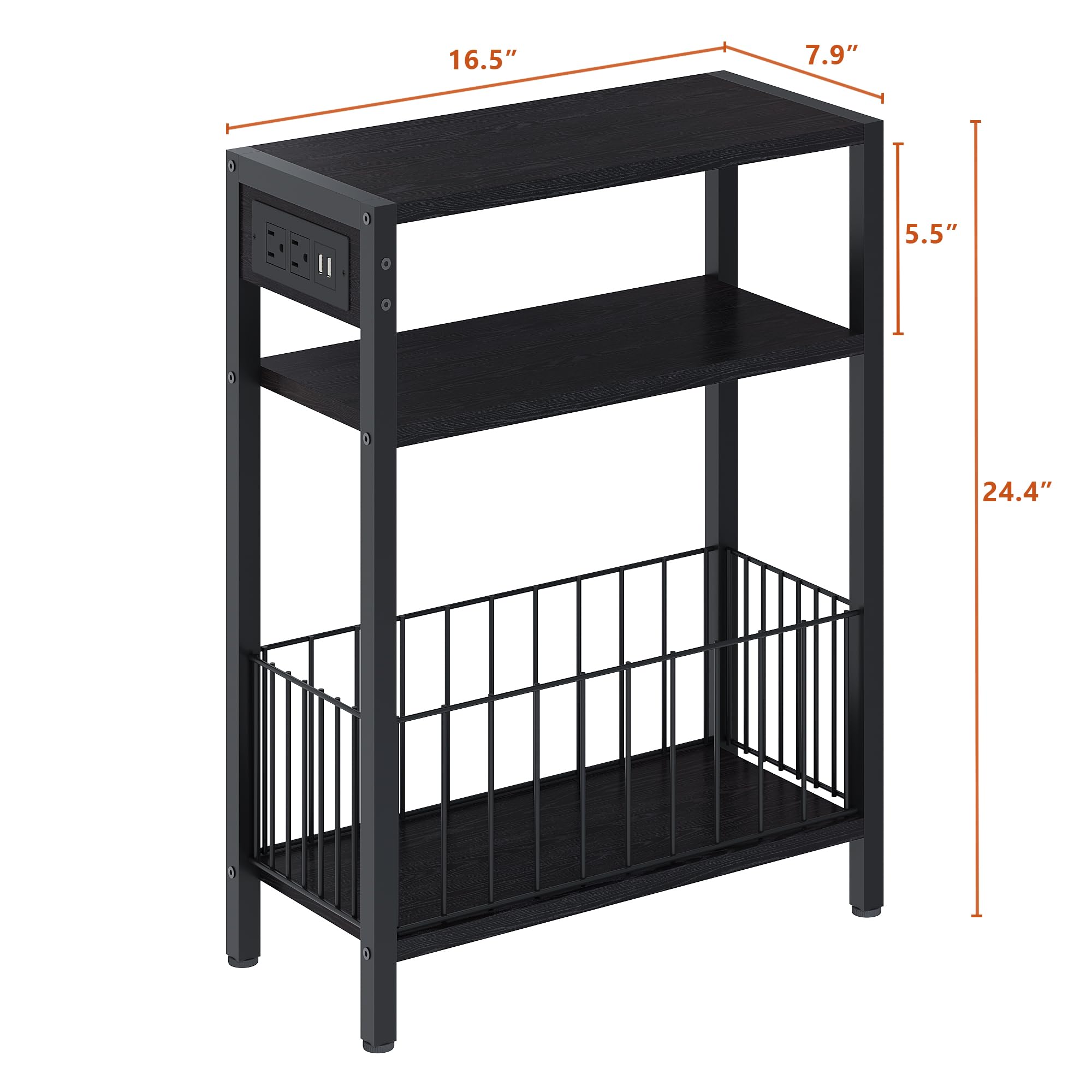 TRIFEBLE End Table with Charging Station, Narrow Side Table with Storage Shelf, Modern Sofa Table for Small Spaces, 3 Tier Nightstand with Steel Wire Basket for Living Room, Bedroom, Rustic Brown