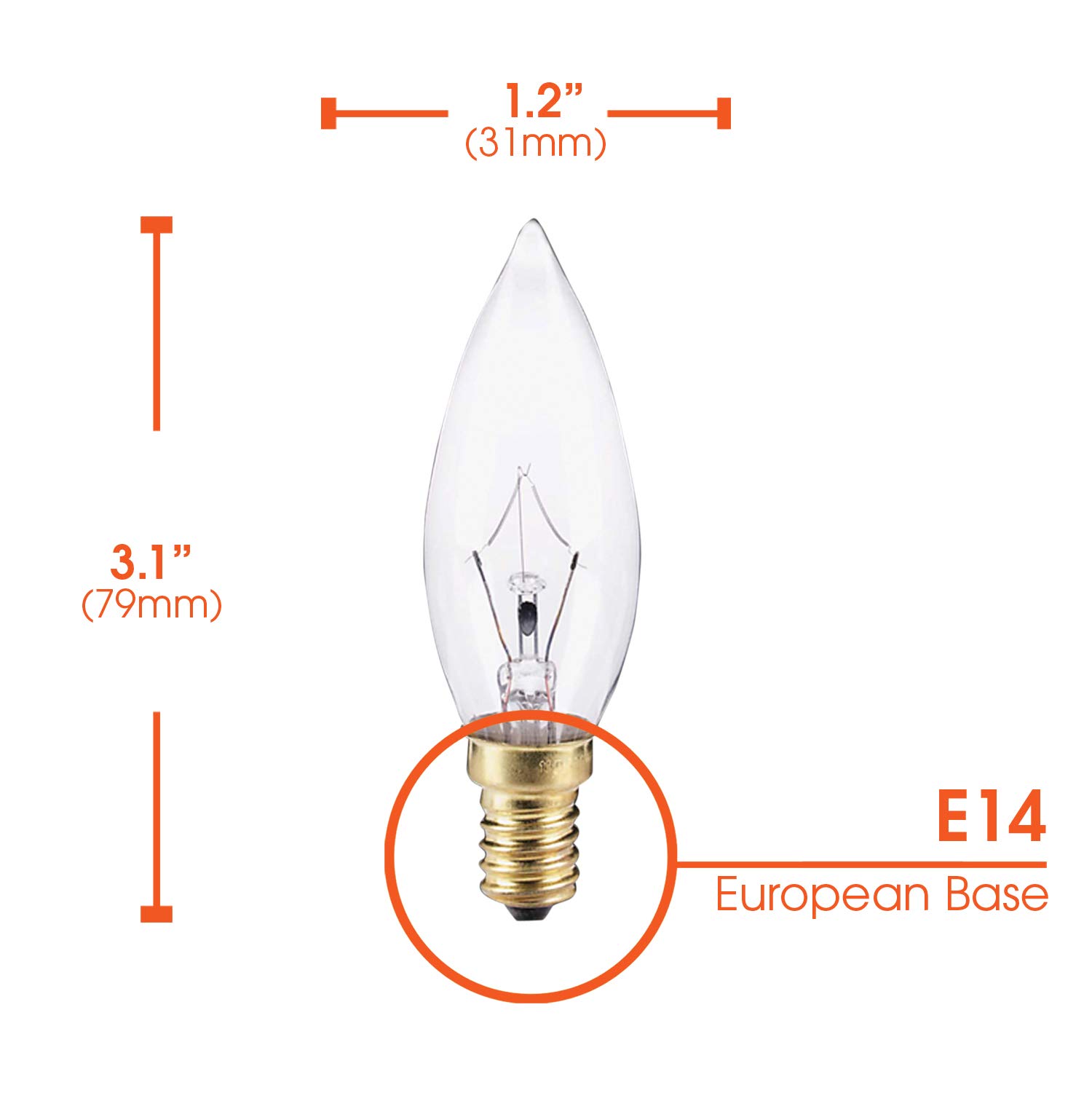 Xtricity 60W B9 Incandescent Clear Chandelier Light Bulb, Torpedo Tip, E14 European Base, 600 Lumens, Dimmable, 130V, (6 Pack)