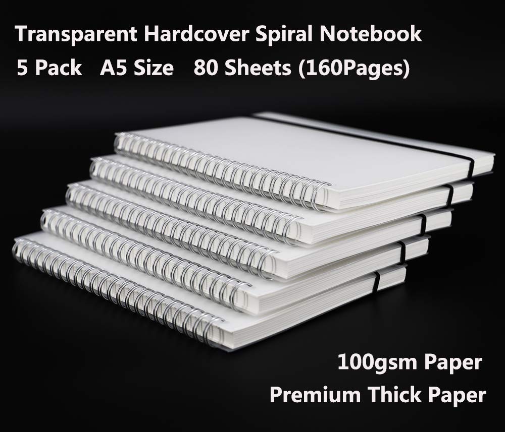 Zegrox 5 Pack Transparent Hardcover Dot Grid Notebook/Bullet journaling,Writing Diary Subject Notebooks,80 Sheets (160Pages)-8.35x 5.75inch,A5 Size.