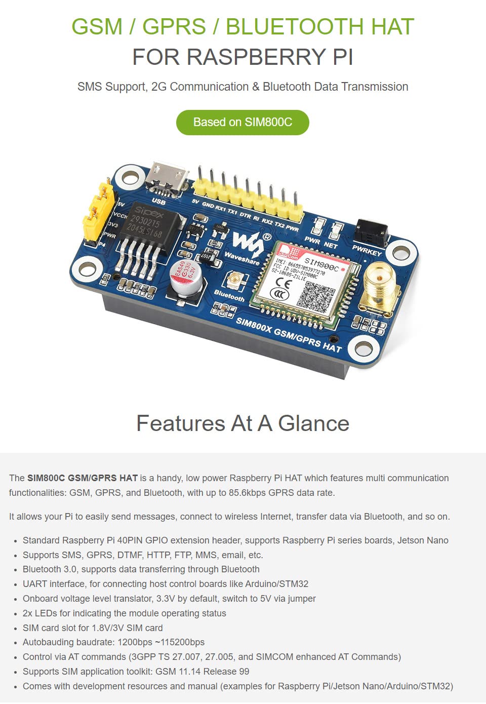 Waveshare GSM/GPRS HAT for Raspberry Pi 2B/3B/3B+/Zero/Zero W/Jetson Nano Based on SIM800C Support SMS Data Transfer ect