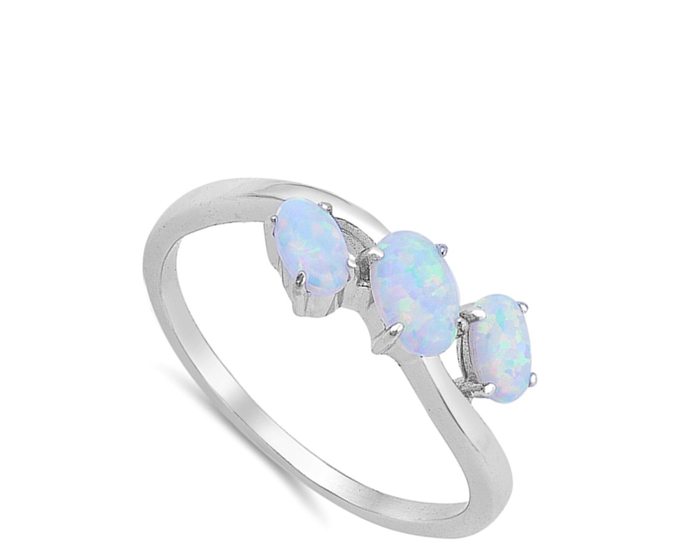 Triple Oval White Simulated Opal Fashion Ring New .925 Sterling Silver Band Size 8