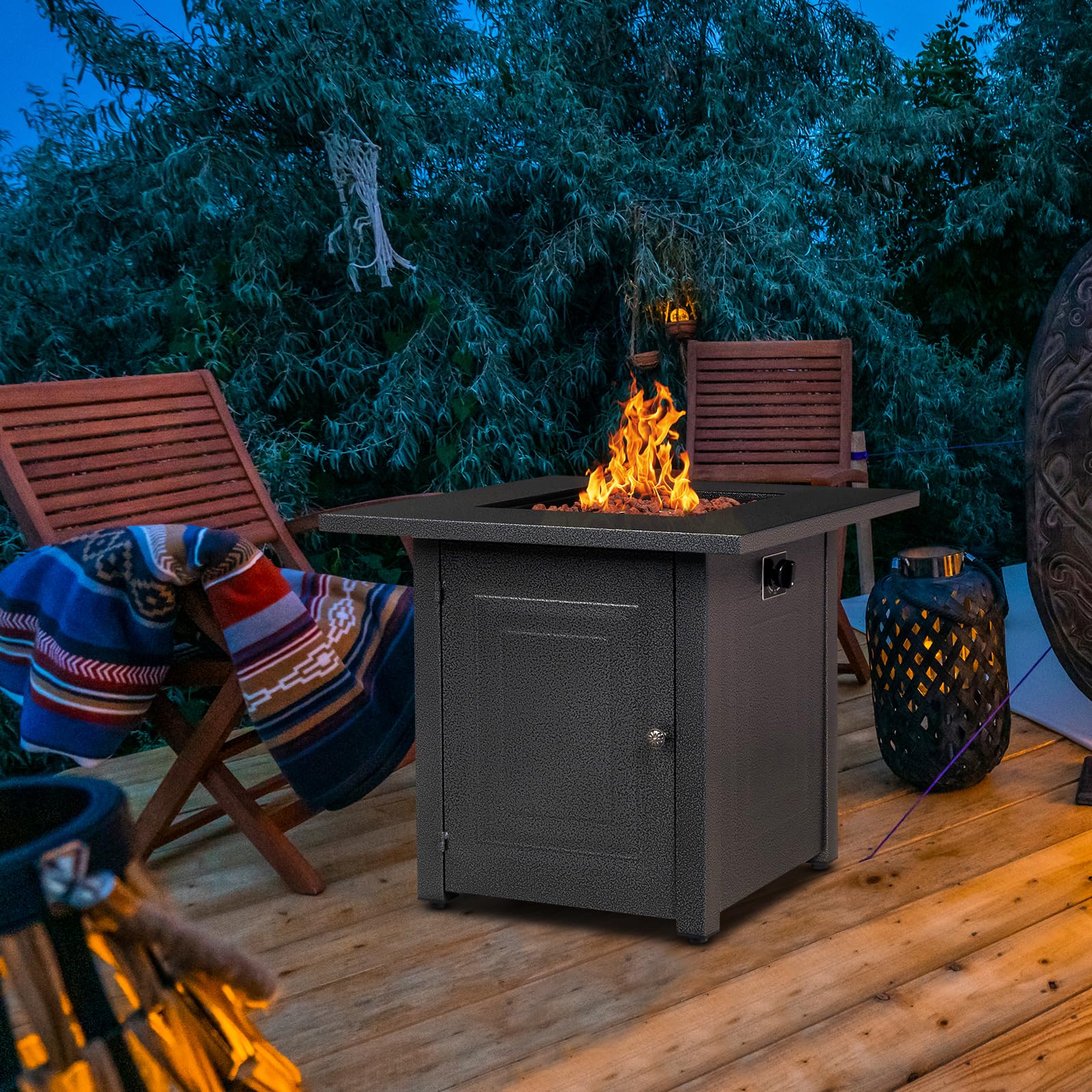SEALAMB Outdoor 28" Square Fire Pit Table, Propane Fire Pit Table with Lid & Glass Wind Guard, CSA-Certified, 50000 BTU Gas Firepit for Outside Paito & Garden