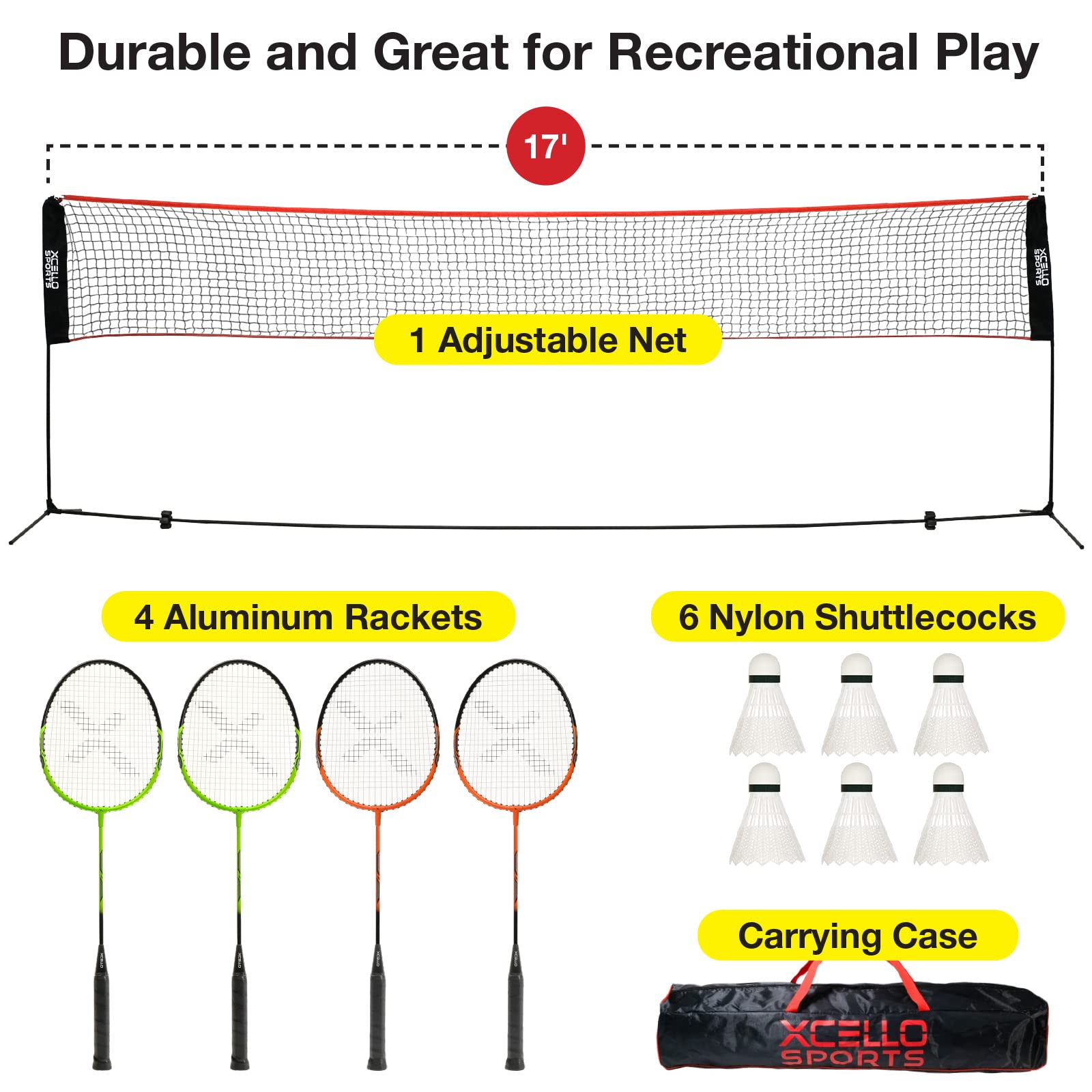 Xcello Sports Complete Badminton Racket Set - Includes 17-Foot Foldable Net, 4 Rackets, 6 Shuttlecocks, and Carry Bag