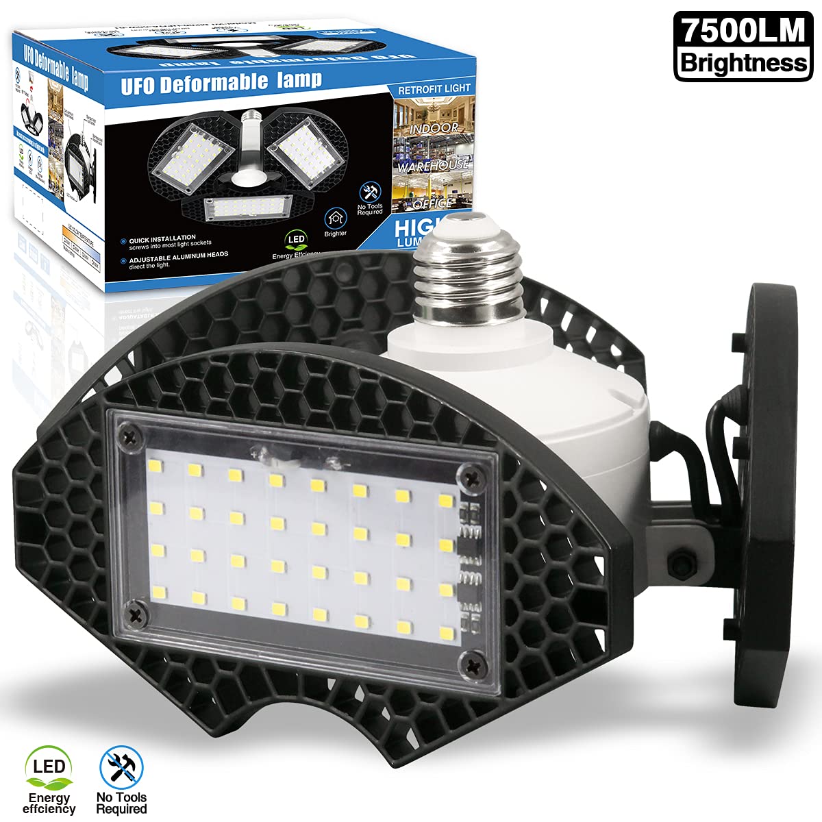 ZJOJO Garage Light 1pack 60W 7500LM Led Shop Light 6000K,Garage Lights Ceiling Led with 3 Adjustable Panels,Shop Lights for Garage Led Super Bright,E26 Base Ideal for Workshop/Attic/Barn/Basement