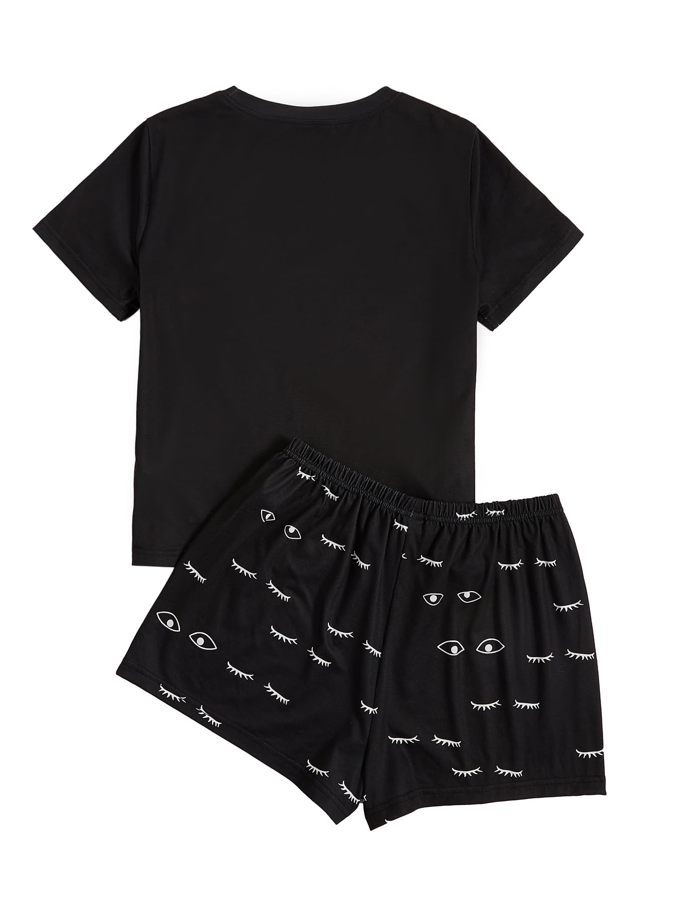 WDIRARA Women's Cute Cartoon Print Closed Eyes Print Tee and Shorts Pajama Set Black M