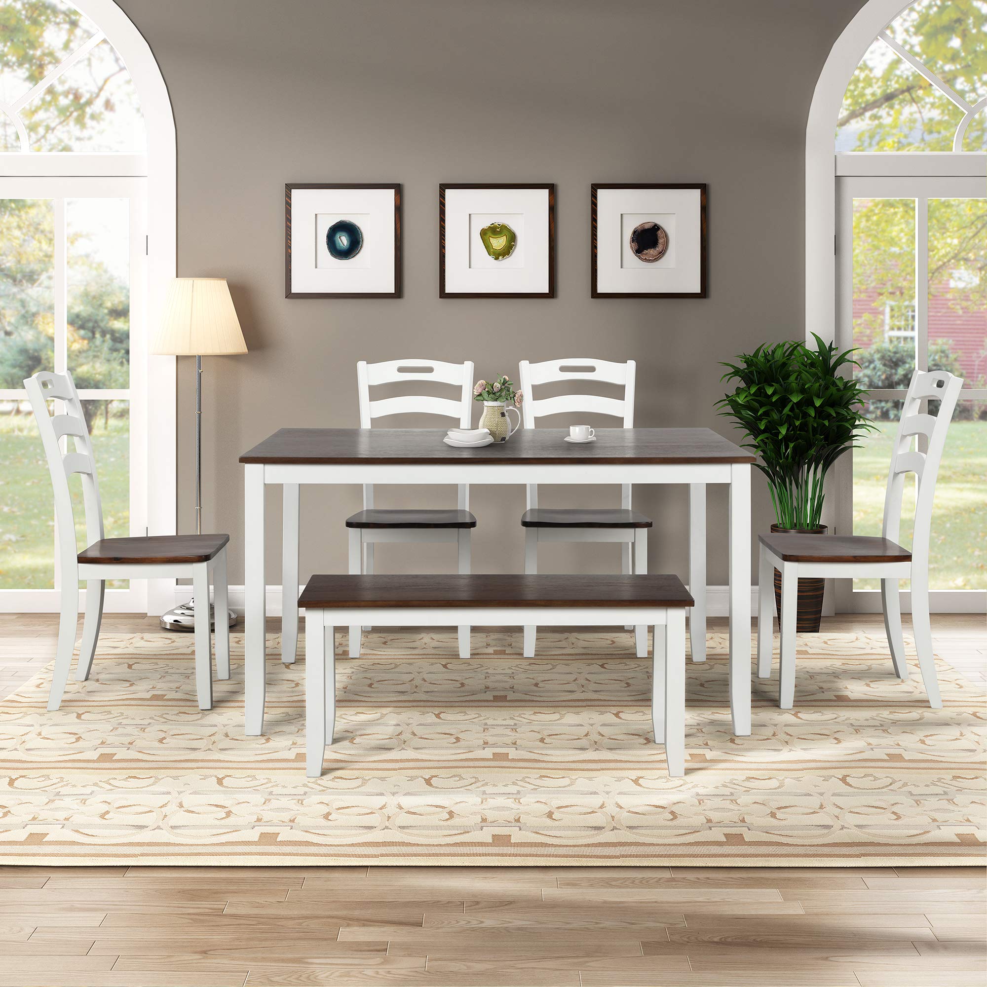 RUNWON Piece Family Rectangular Dining Table Set for 6,Farmhouse Rustic with 4 Chairs and 1 Bench Ideal for Kitchen, OneSize, Ivory