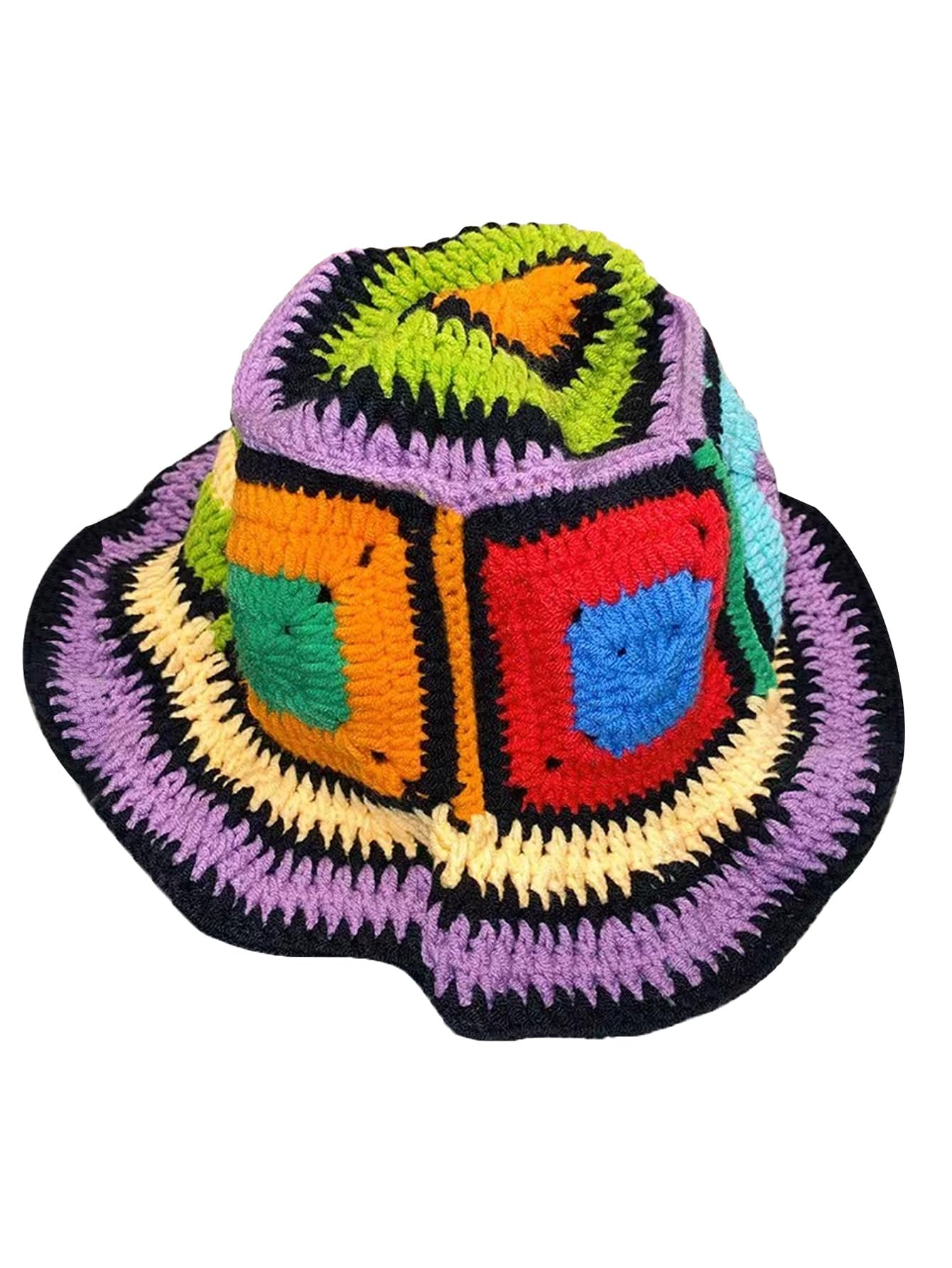 Verdusa Women's Colorblock Crochet Bucket Hat Knitted Beanies Cap Multicolor one-size