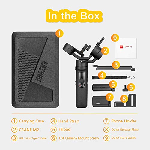 ZHIYUN Crane M2 3-Axis Gimbal Stabilizer for Light Mirrorless Camera,Action Camera,Smartphone,for Sony A6000,A6300,A6500,RX100M,GX85,Gopro Hero 5/6/7,iPhone Xs XR,WiFi/Bluetooth Control,720g Payload