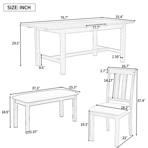 TREXM Six-Person Rubber Wood & MDF Boards Dining Table Set Four Chairs A Bench Adjustable Table Length with Hidden Flip Leaves (Gray)