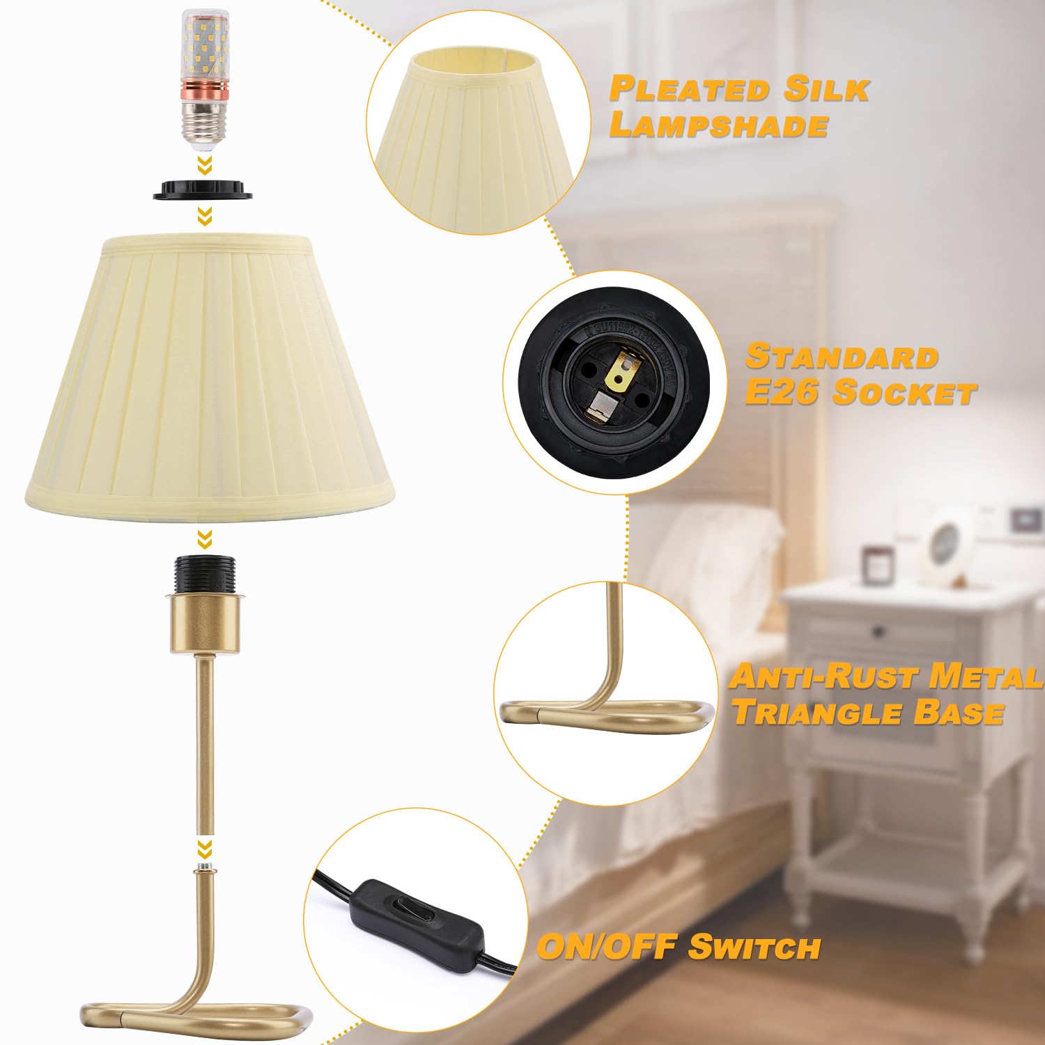 urophylla Bedside Lamps, Small Table Lamps, Nightstand Lamp for Bedrooms Set of 2 - LED Bulbs Included, 3-Way Dimmable, Silk Lampshade - Warm White