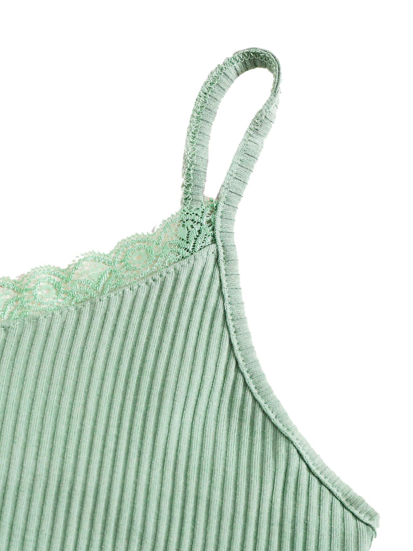 Verdusa Women's Contrast Lace Spaghetti Strap Ribbed Knit Cami Crop Tops Light Green L