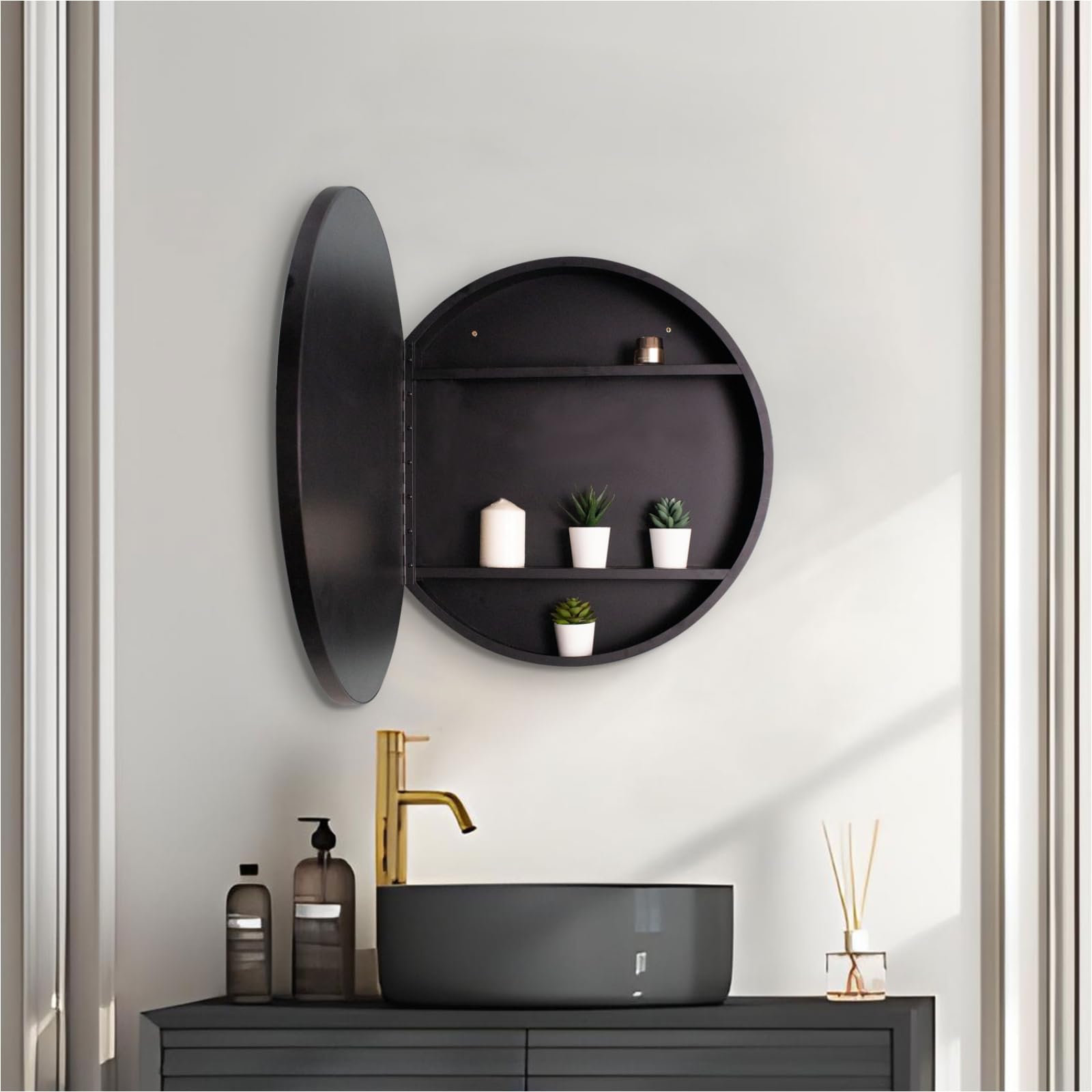 WITMYA 24x24 inch Black Bathroom Round Medicine Cabinet with Mirror, Metal Framed Wall Mounted Bathroom Mirror with Storage, 3-Level Storage Shelf