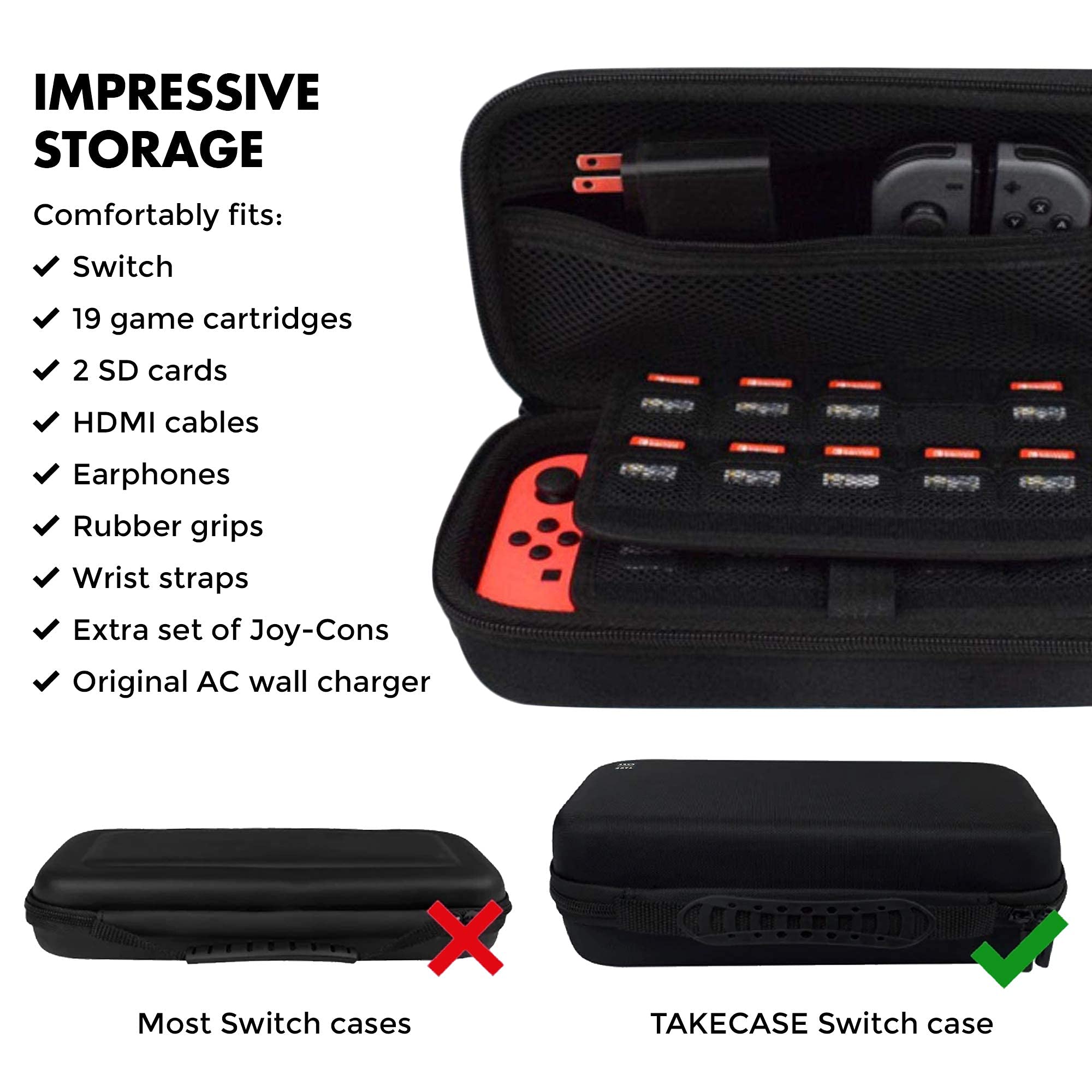 TakeCase Carrying Case for Nintendo Switch and New OLED - Protective Hard Case Includes Pouch That Fits Adapter/Charger, Accessories and 19 Games Storage - Perfect for Travel - Black
