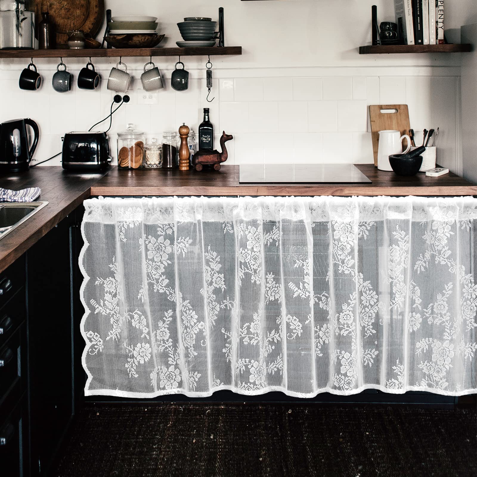 Zhh Sheer Lace Valance Kitchen Short Curtain White Grid Flower Curtain for Window Bedroom Livingroom Decor 23 by 57-Inch, 1 Panel