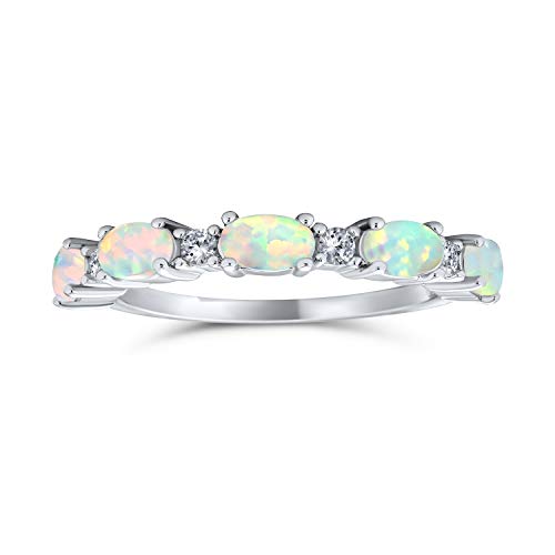 Thin CZ Accent Stackable 1/2 Eternity Oval White Created Opal Band Ring For Women .925 Sterling Silver 1MM Band October Birthstone