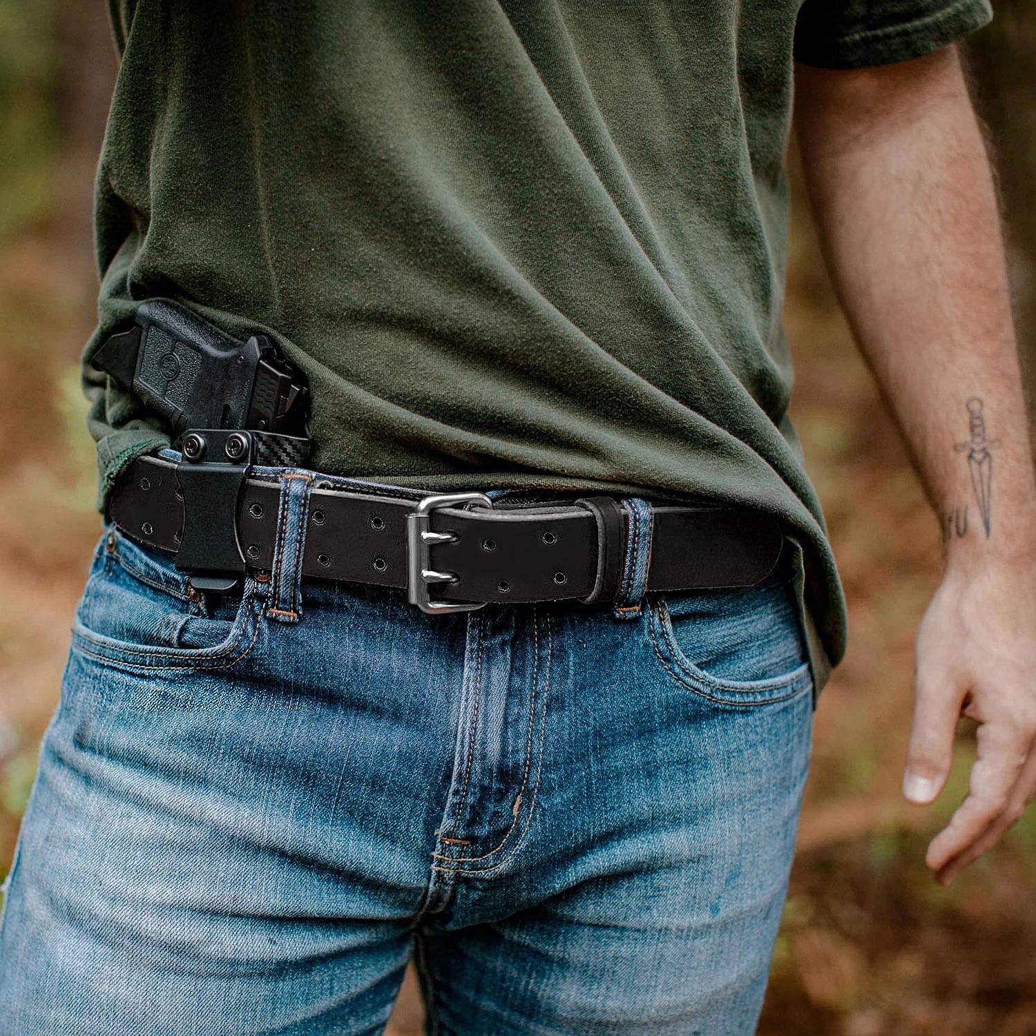 XZQTIVE Men's Double Prong Belt 2 Holes Leather Jeans Belt for Men 1.5 inches Wide