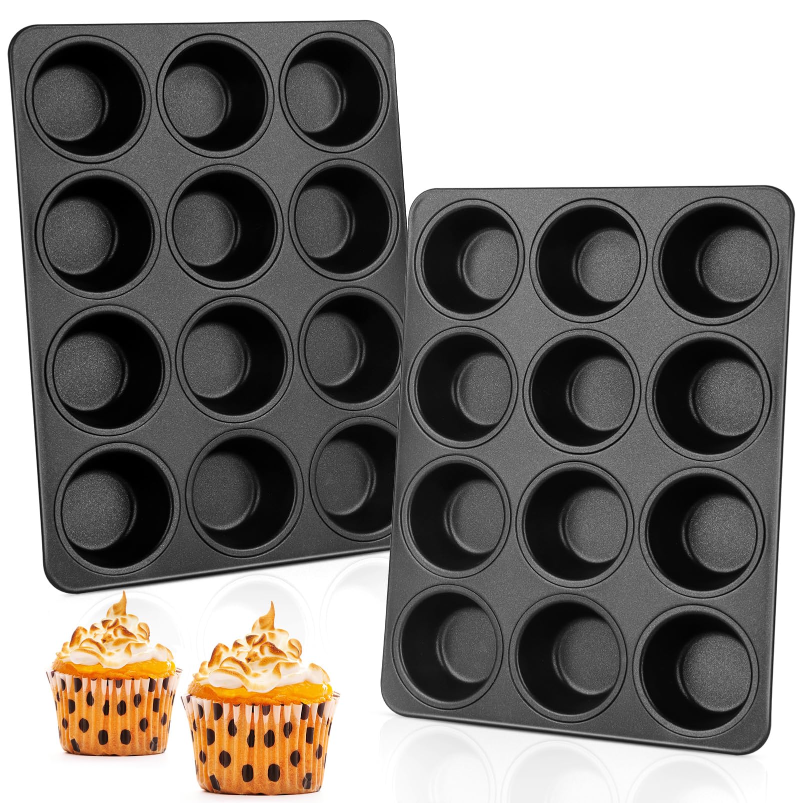 TeamFar Muffin Pan, 12 Cup Cupcake Pan Muffin Tin with Stainless Steel Core & Nonstick Coating, for Baking Muffins Cupcakes, Healthy & Welded Firmly, Easy Release & Clean, Oven Safe–Set of 2