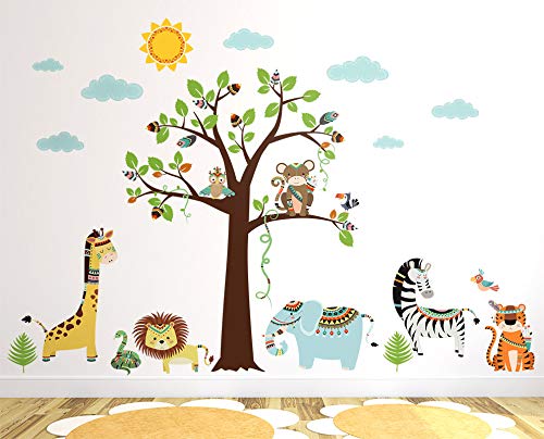 Tribal Animals Jungle Safari Wall Decal, Nursery Kids Room Wall Sticker, Monkey Giraffe Lion Elephant, Tree Wall Decal
