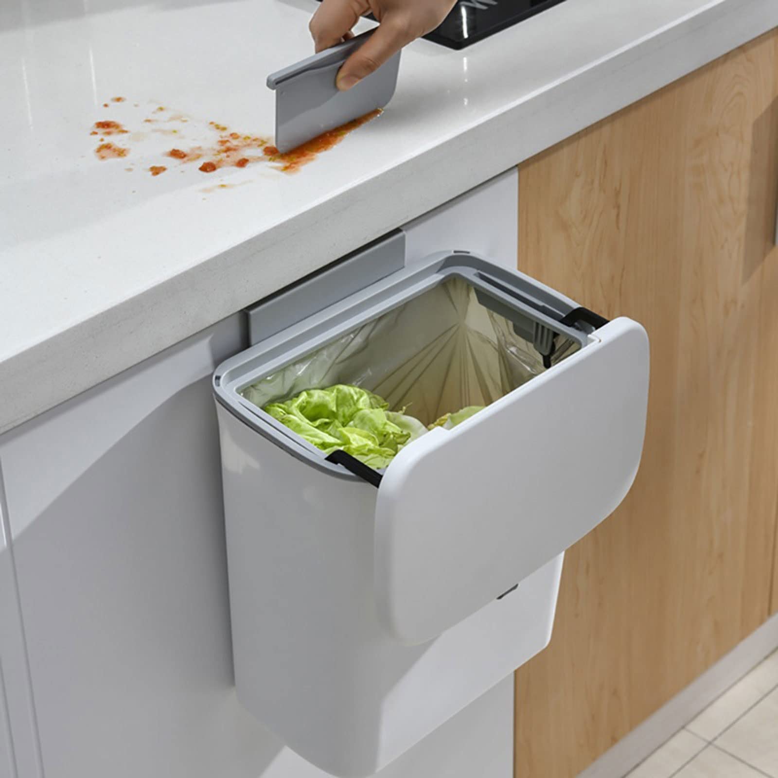 VATTEA Trash Can Wall Mounted Trash Can with Lid Waste Bin Kitchen Cabinet Door Hanging Trash Recycle Bin Garbage Car Trash Can Cleaning (Color : Brown)