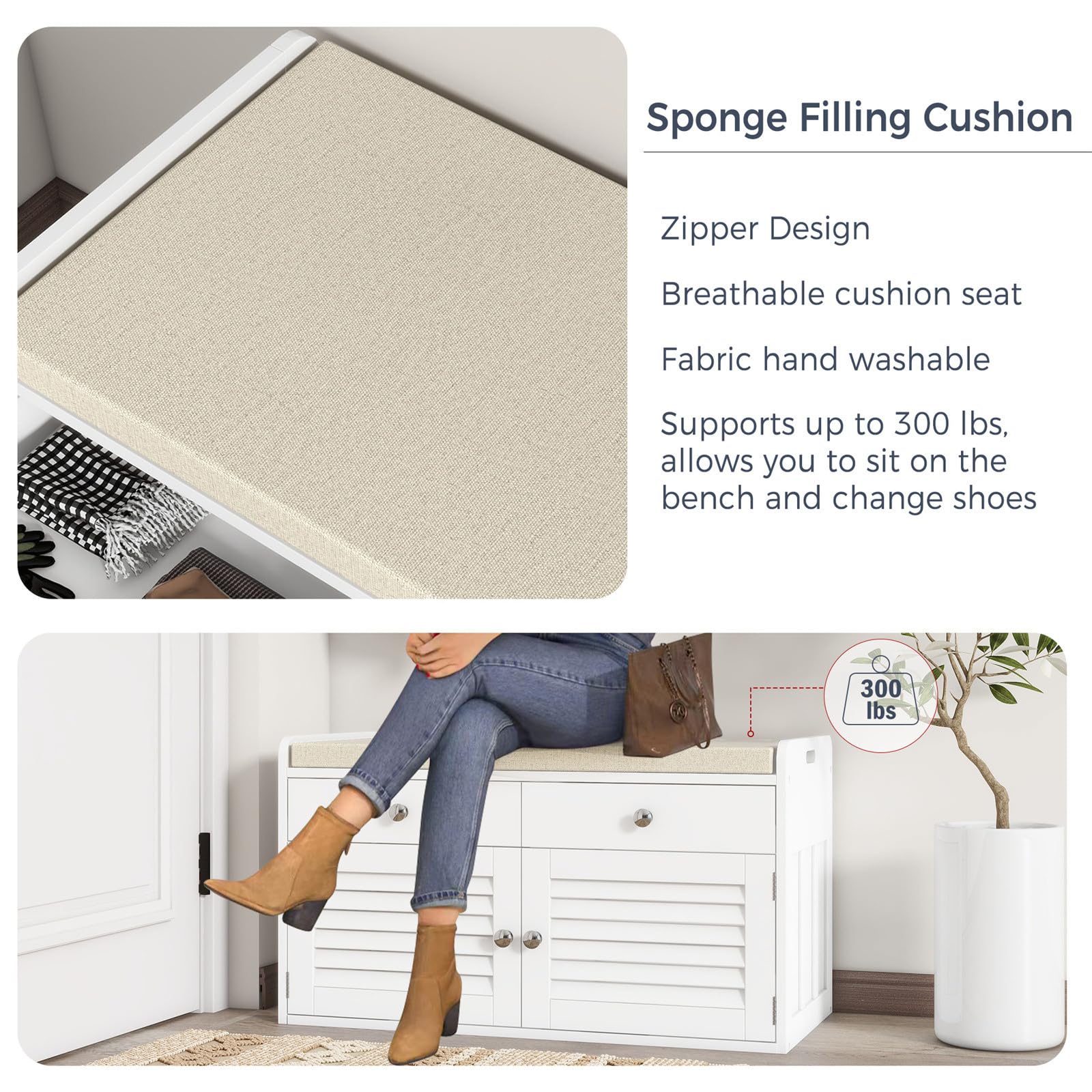 WARMHONIU Shoe Storage Bench with 2 Drawers & 2 Door Cabinet, Entryway Bench with Shoe Storage, Shoe Bench with Cushion, Adjustable Shelves, Shoe Rack Bench for Entryway, Hallway, Bedroom, White