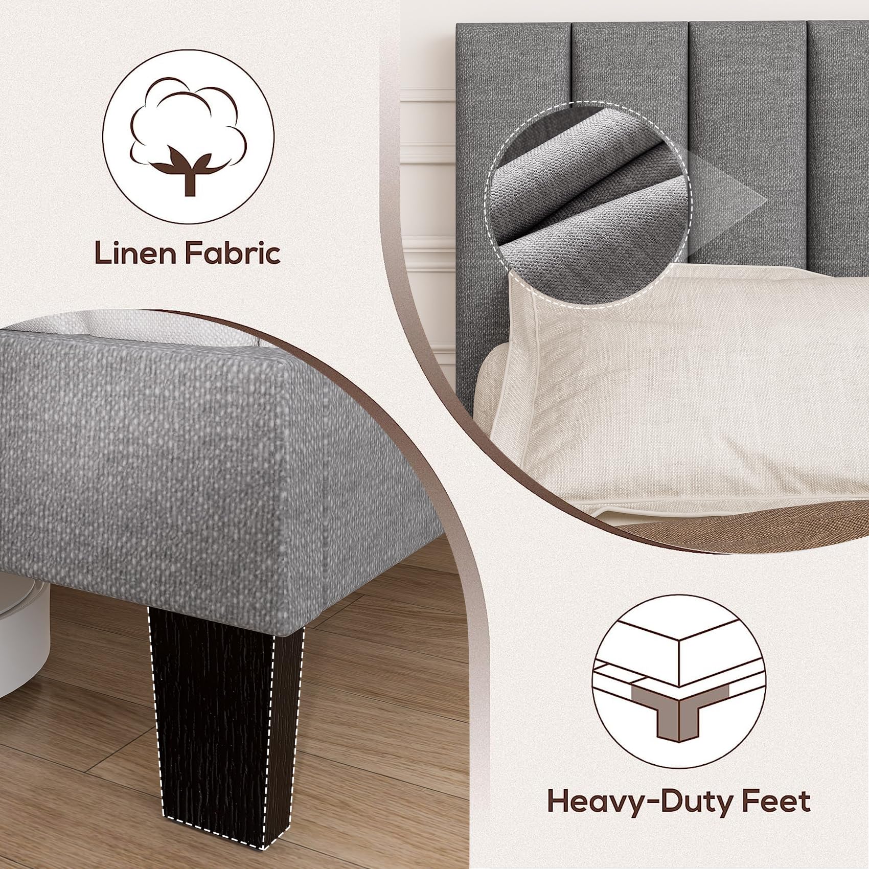 VERSAINSECT ze Bed Frame with Adjustable Headboard, Vertical Channel Tufted Linen Fabric, Wooden Slats Support, Mattress Foundation/Noise Free/No Box Spring Required/Easy Assembly