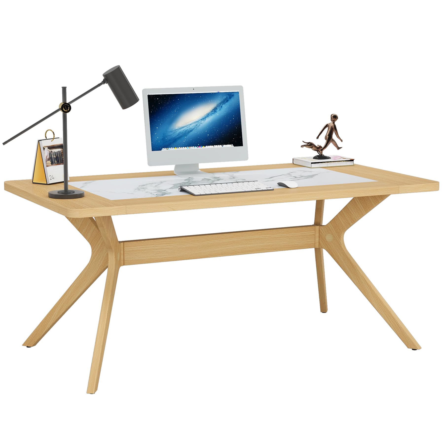 Tribesigns 63-Inch Executive Desk, Modern Office Desk with Solid Wood X-Shape Frame, Large Computer Desk Writing Table Business Furniture for Home Office (Oak and White Marble)